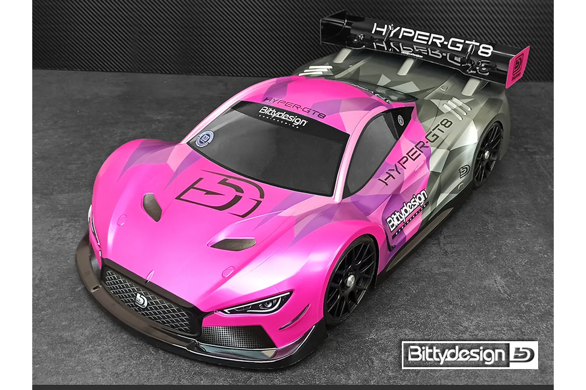 Bittydesign 1/8 HYPER-GT8 1/8 GT Unpainted Body Shell w/ Decals | BDGT8-HYP