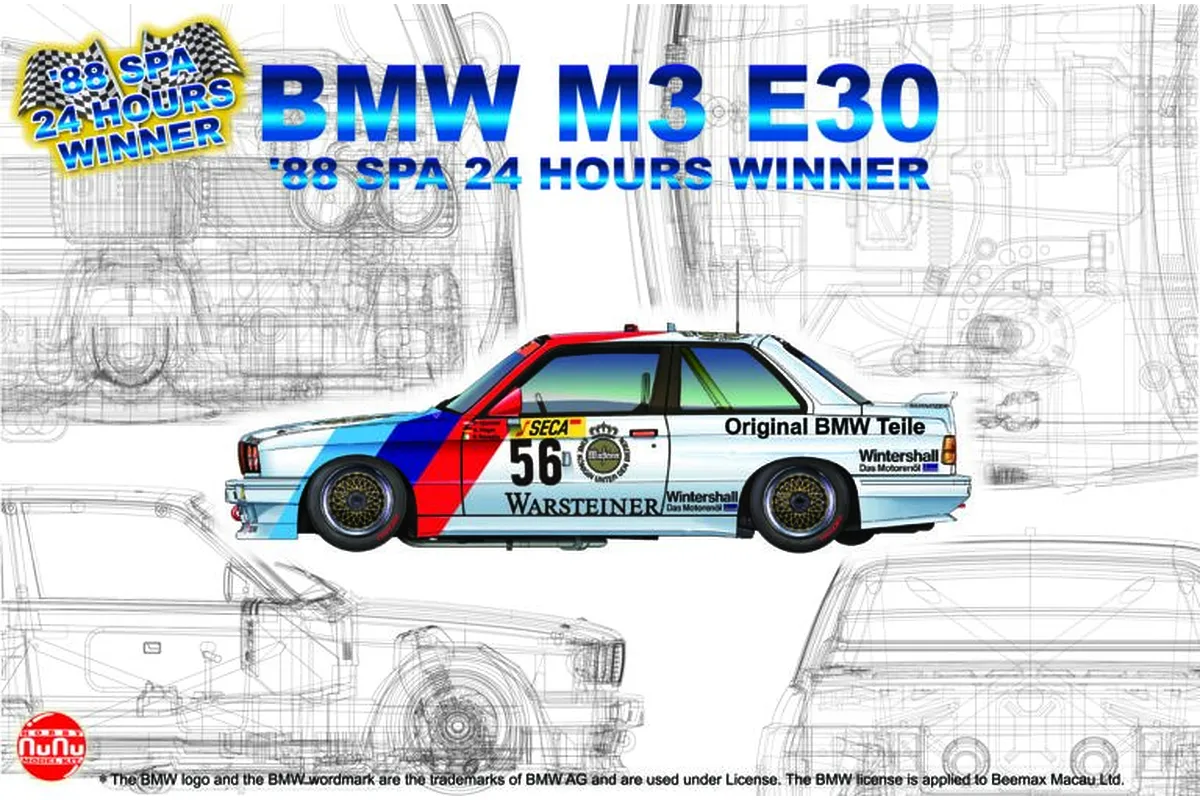 NuNu 1/24 BMW M3 E30 ('88 SPA 24 Hours Winner) Scaled Plastic Model Kit | PN24017