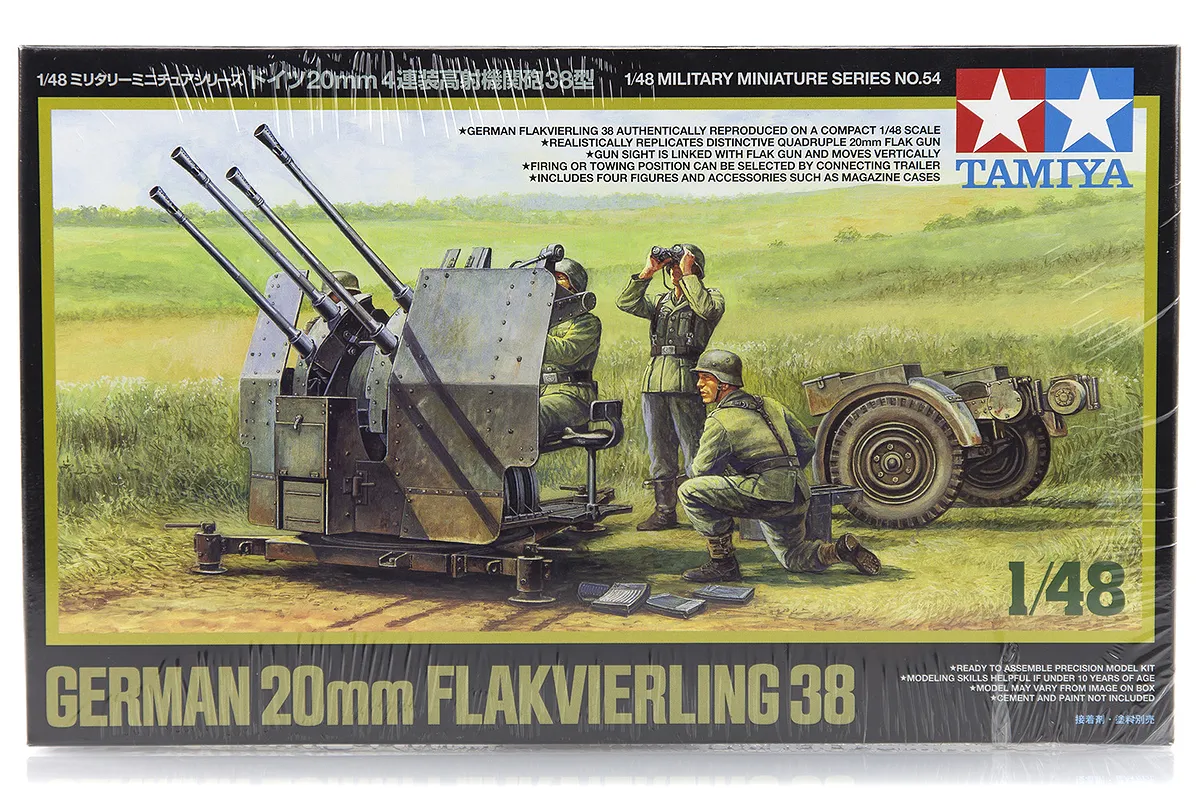 Tamiya 1/48 German 20mm Flakvierling 38 w/ Trailer Scaled Plastic Model ...