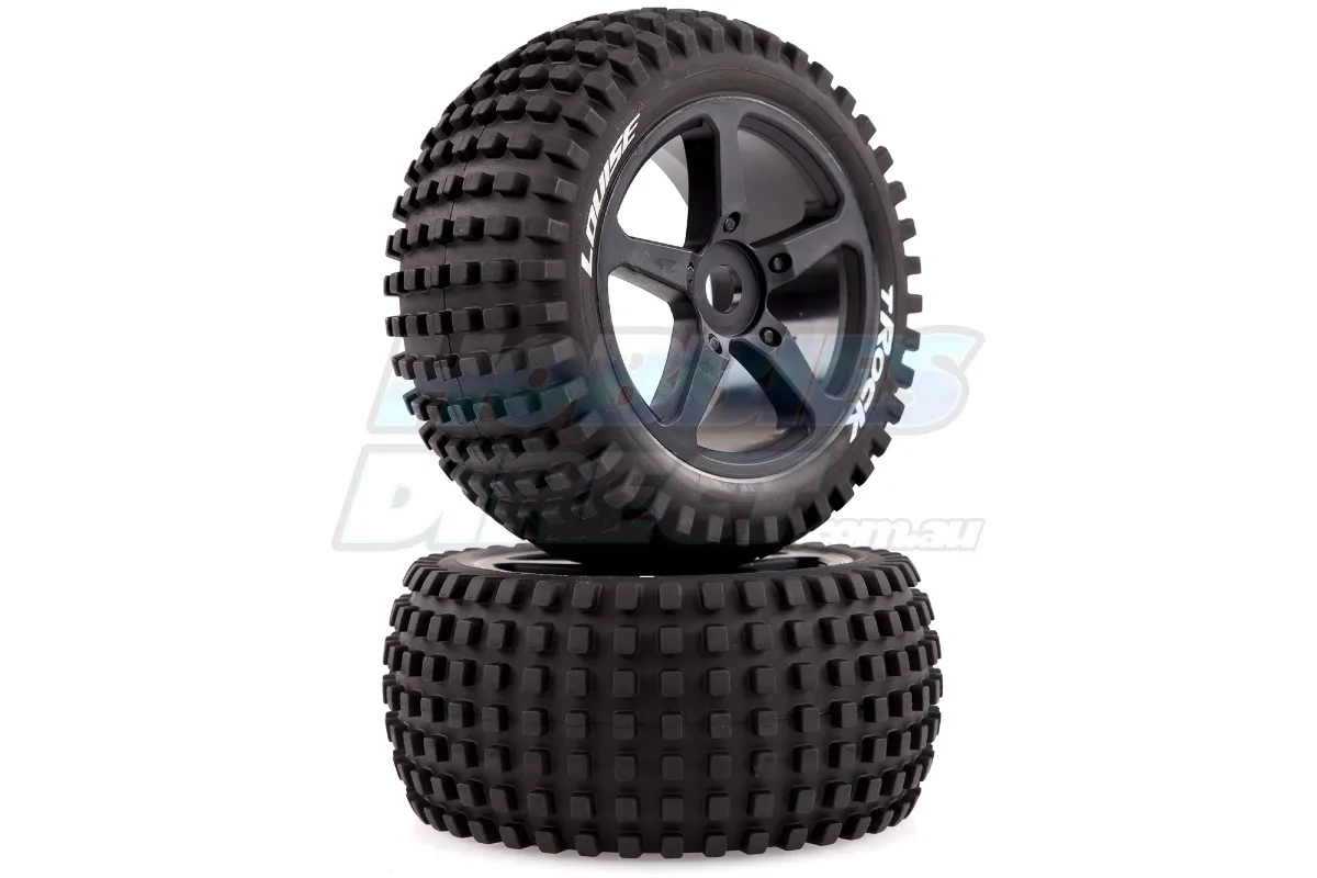 Louise 3.8 T Rock Tyres on Black Spoke Rims Glued Truggy Wheels w Foam 2Pcs