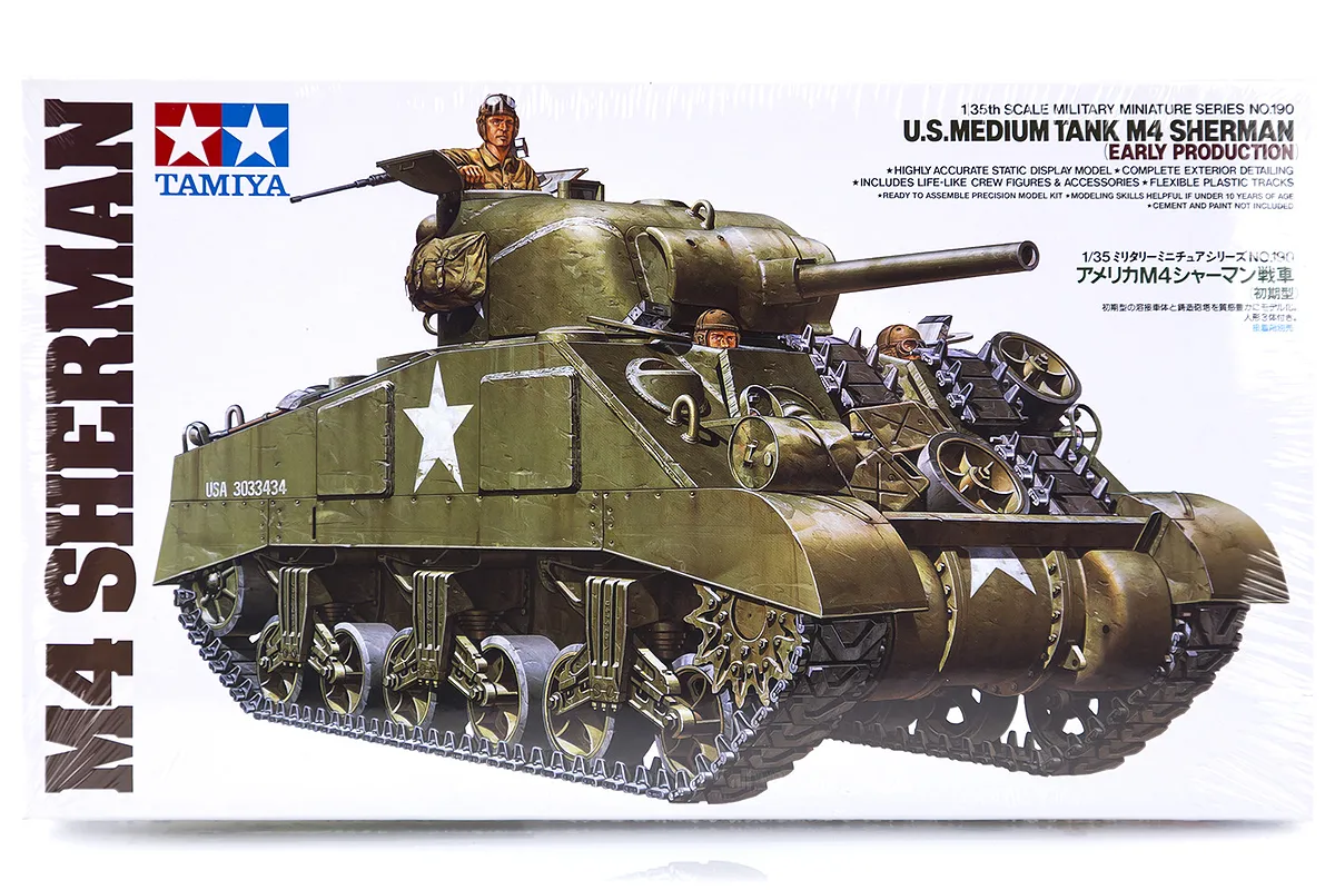 Tamiya 1/35 U.S. M4 Sherman Medium Tank Scaled Plastic Model Kit | 35190