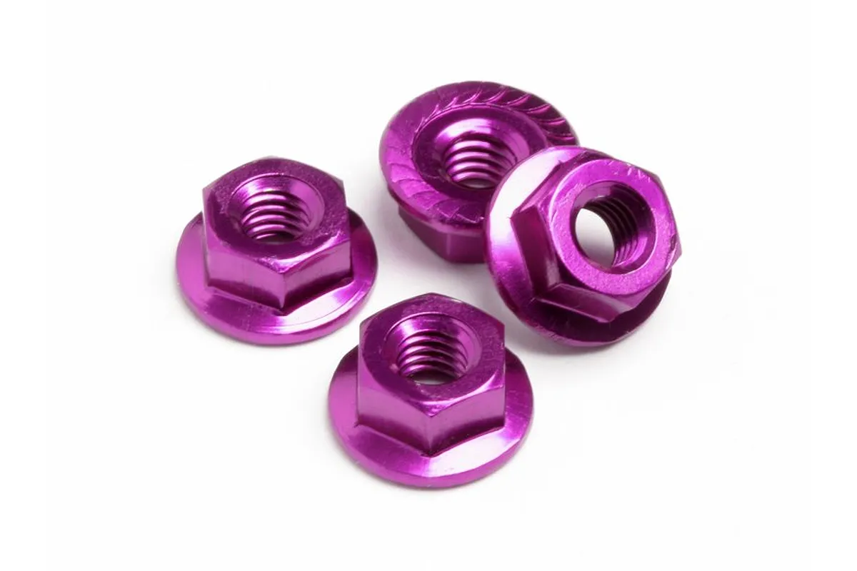 HB 4mm Purple Aluminium Flanged Serrated Nyloc Nuts 4Pcs | 61092