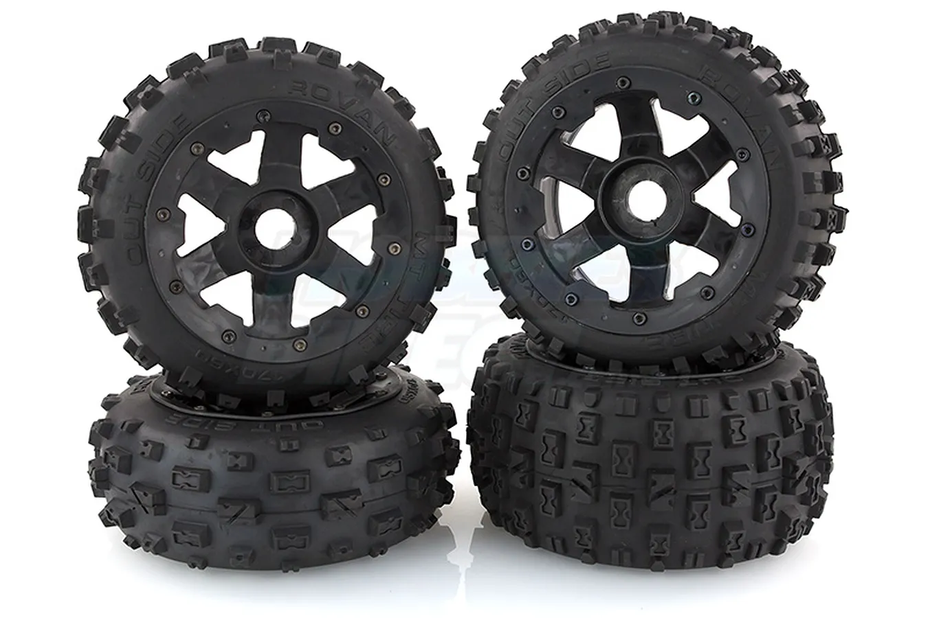 Rovan 4.7/5.5" Baja 5B Bow Tie Tyres on Black Rims - Beadlocked Wheel Set