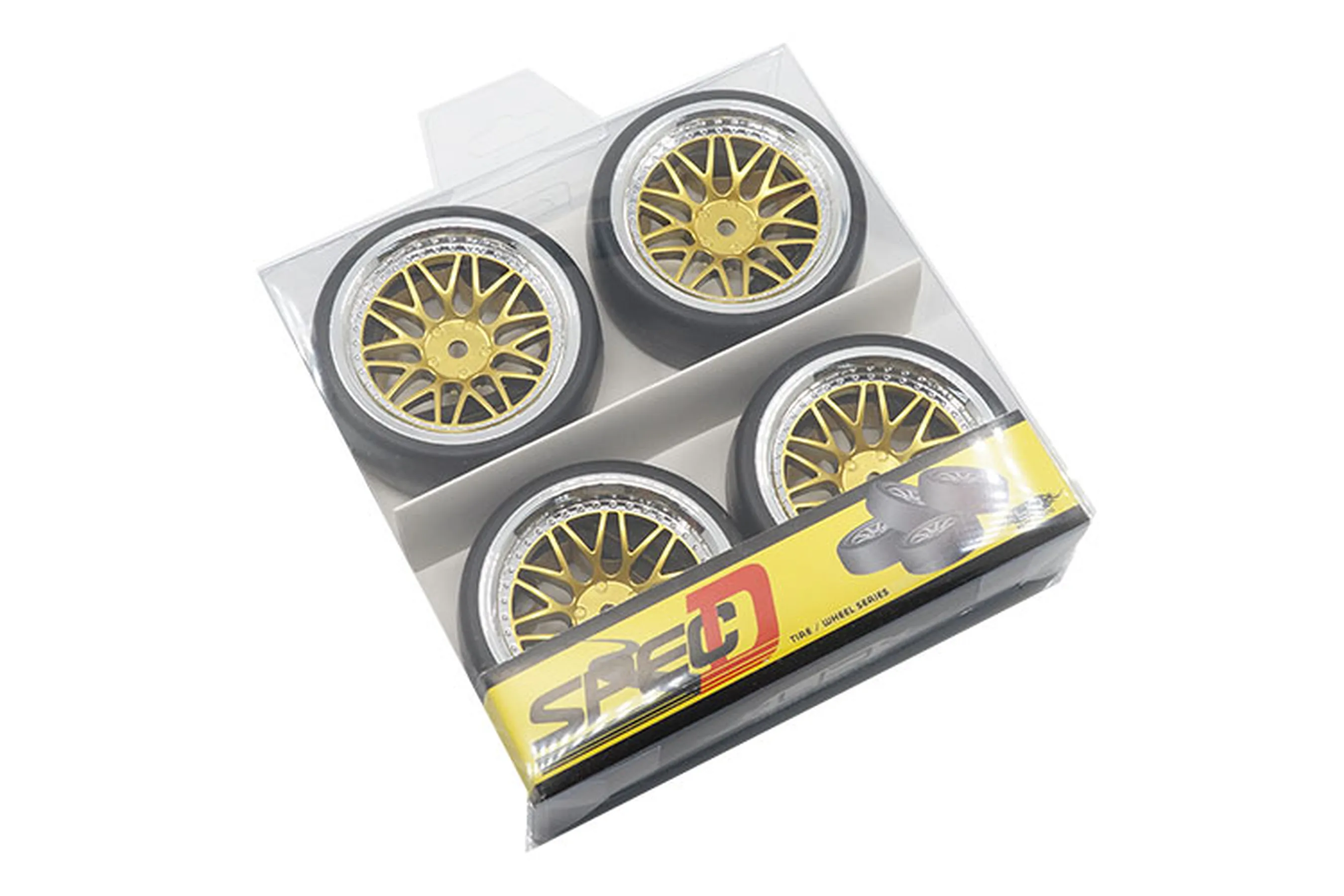 Yeah Racing 1.9" (+6mm Off-Set) Spec D Drift Tyres on Chrome/Gold Mesh ...